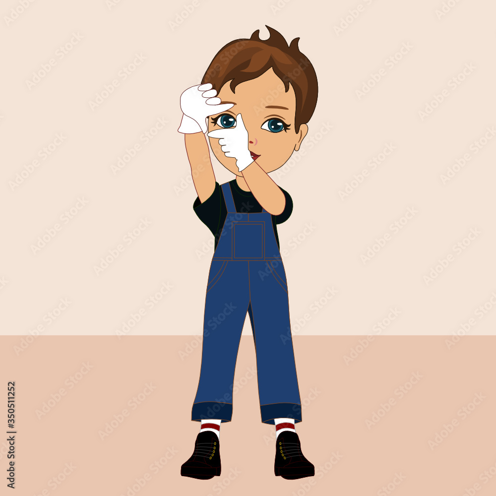 boy that looks at the scene through the frame mimicked with his hands ...