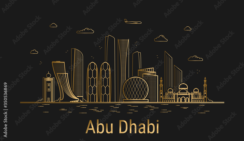 Abu Dhabi city line art, golden architecture vector illustration ...