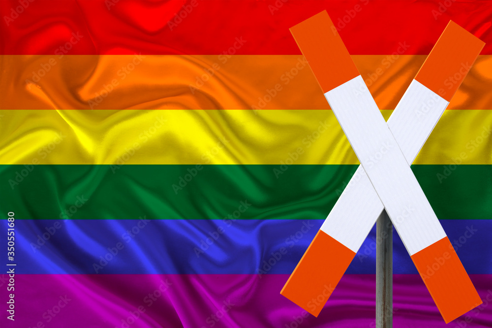 customs sign, stop, attention on the background of silk LGBT rainbow ...