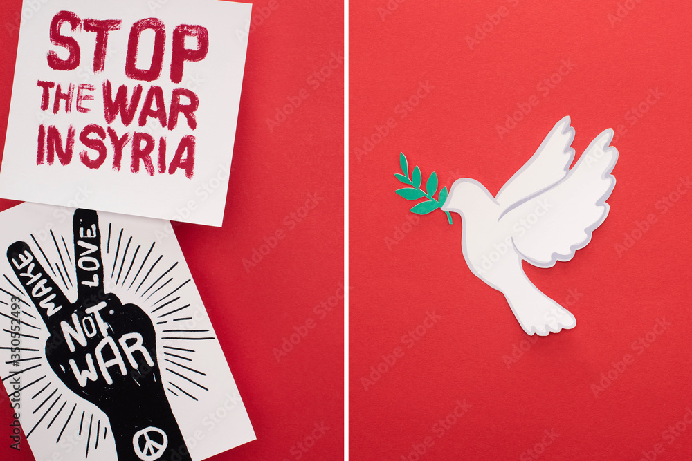 collage of white dove as symbol of peace, placards with stop war in ...