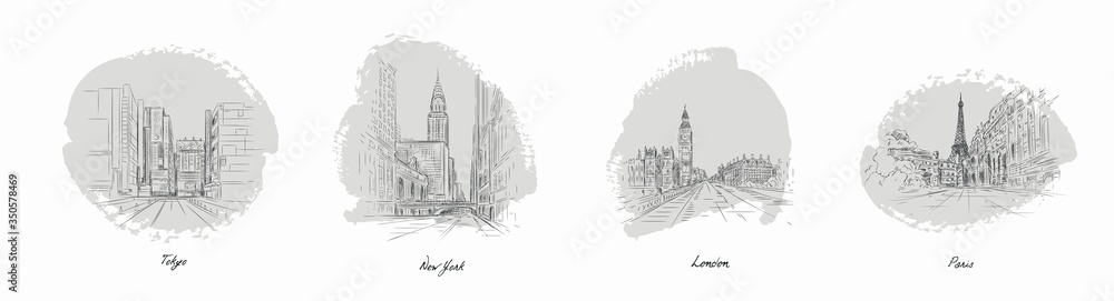 Set of most famous world city sketches with pencil vector illustration ...