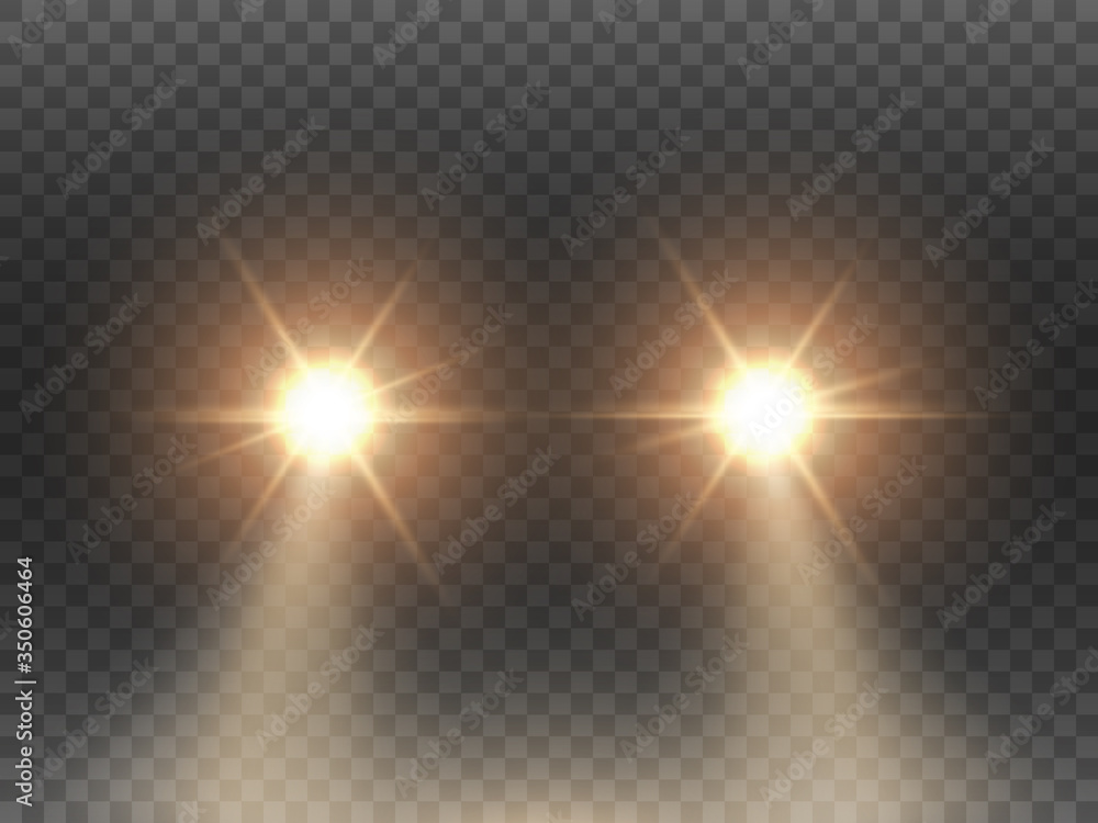 Car lights effect on transparent backdrop. Isolated yellow headlights ...