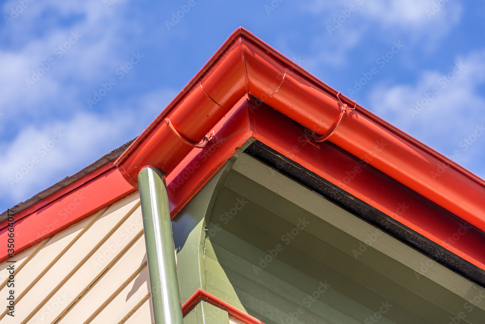 Vinyl siding, red frame gutter guard system, fascia, drip edge, green ...