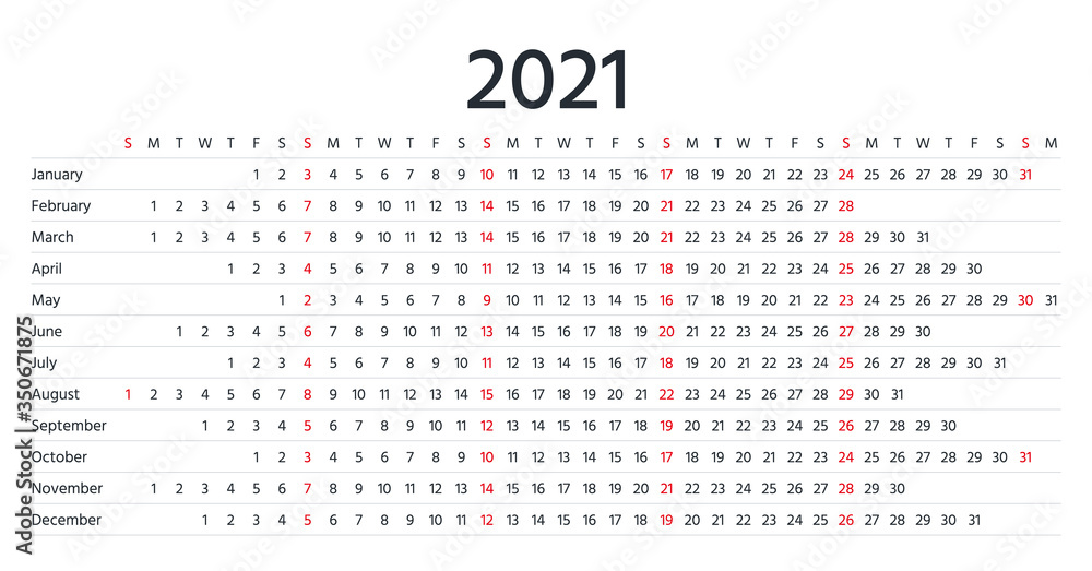 2021 linear calendar. Vector. Yearly calender planner. Schedule ...
