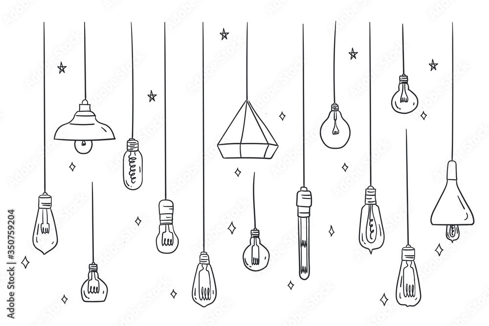 Set of ceiling or hanging light bulb with doodles hand drawn style. different types halogen ...