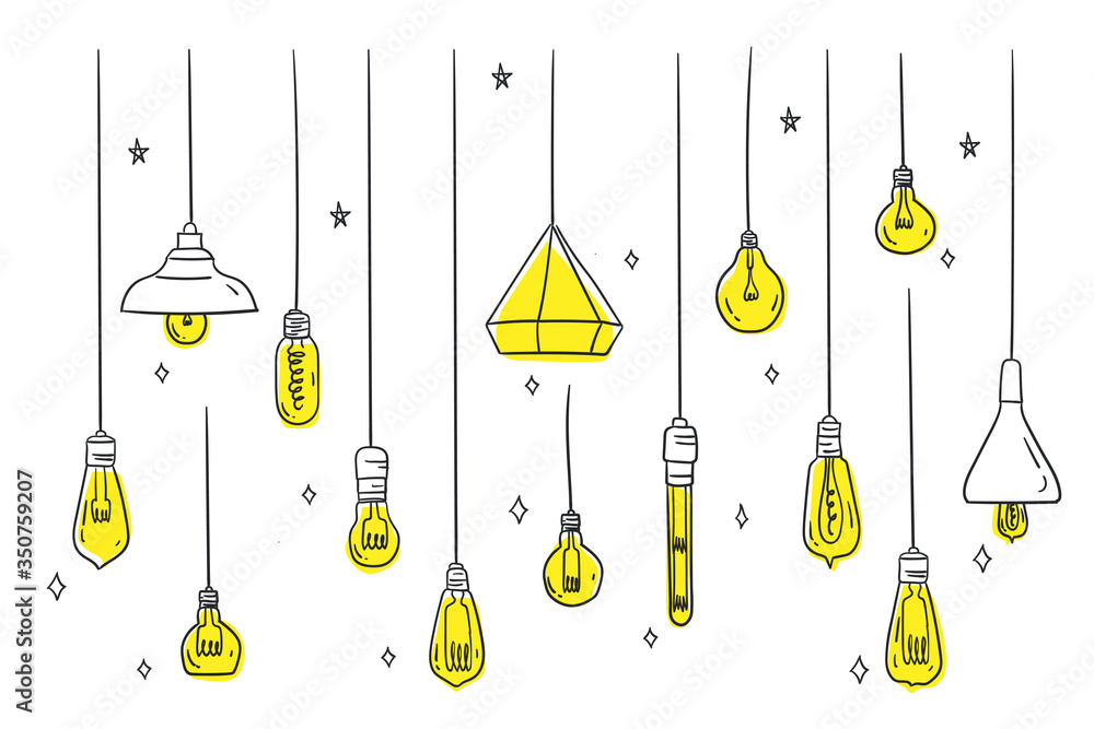 Set of ceiling or hanging light bulb with doodles hand drawn style ...