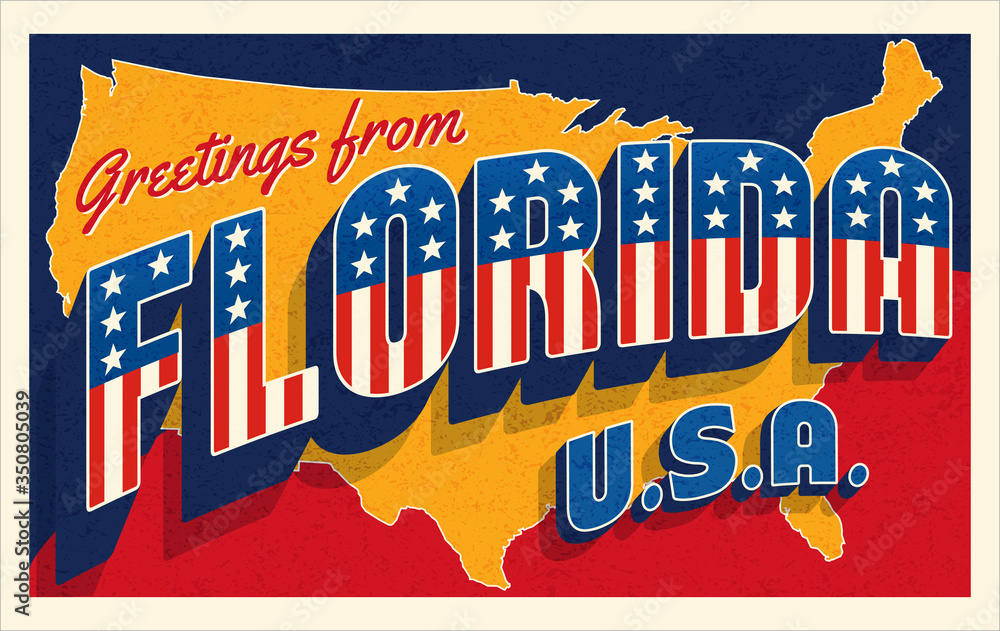 Greetings from Florida USA. Retro style postcard with patriotic stars ...