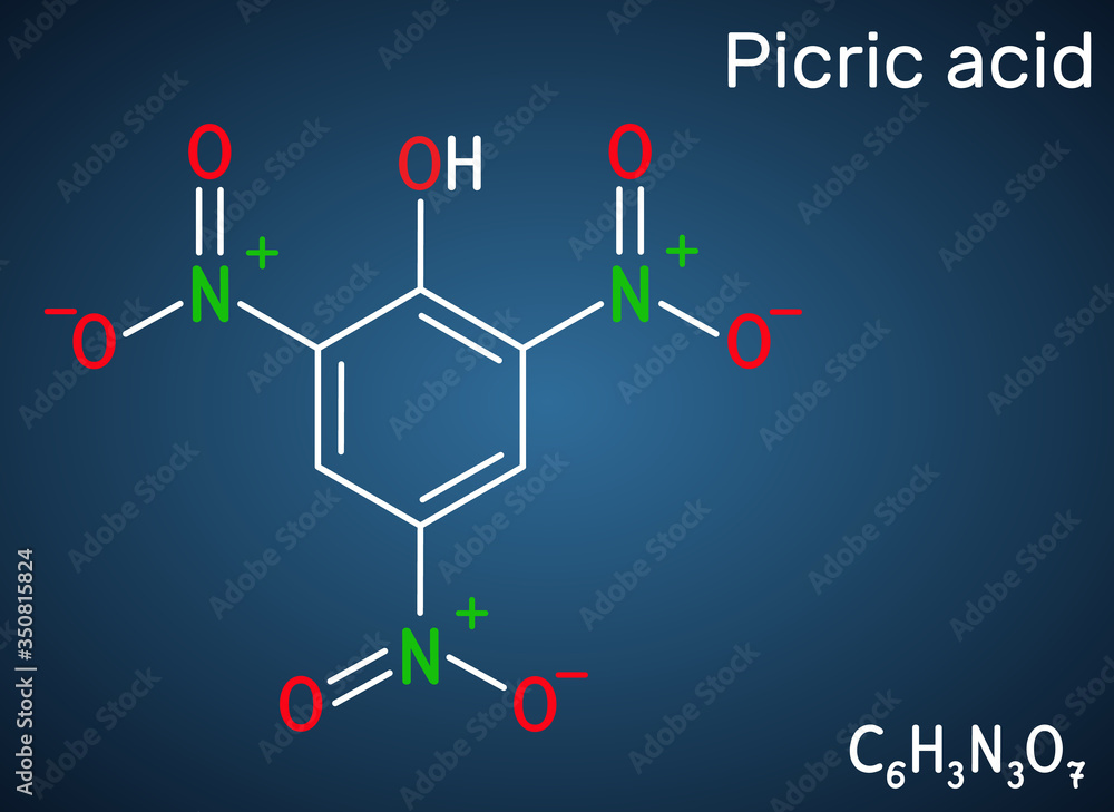 Picric acid ( 2,4,6-trinitrophenol, TNP, C6H3N3O7) molecule. It has a ...