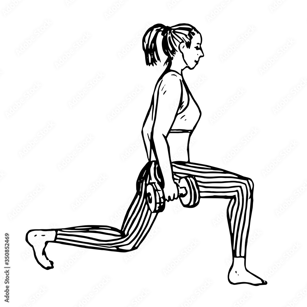 Girl dumbbell squat, side view isolated, hand drawn doodle, drawing in ...