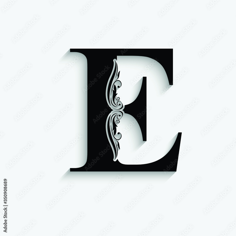 letter E. Black flower alphabet. Beautiful capital letters with shadow ...