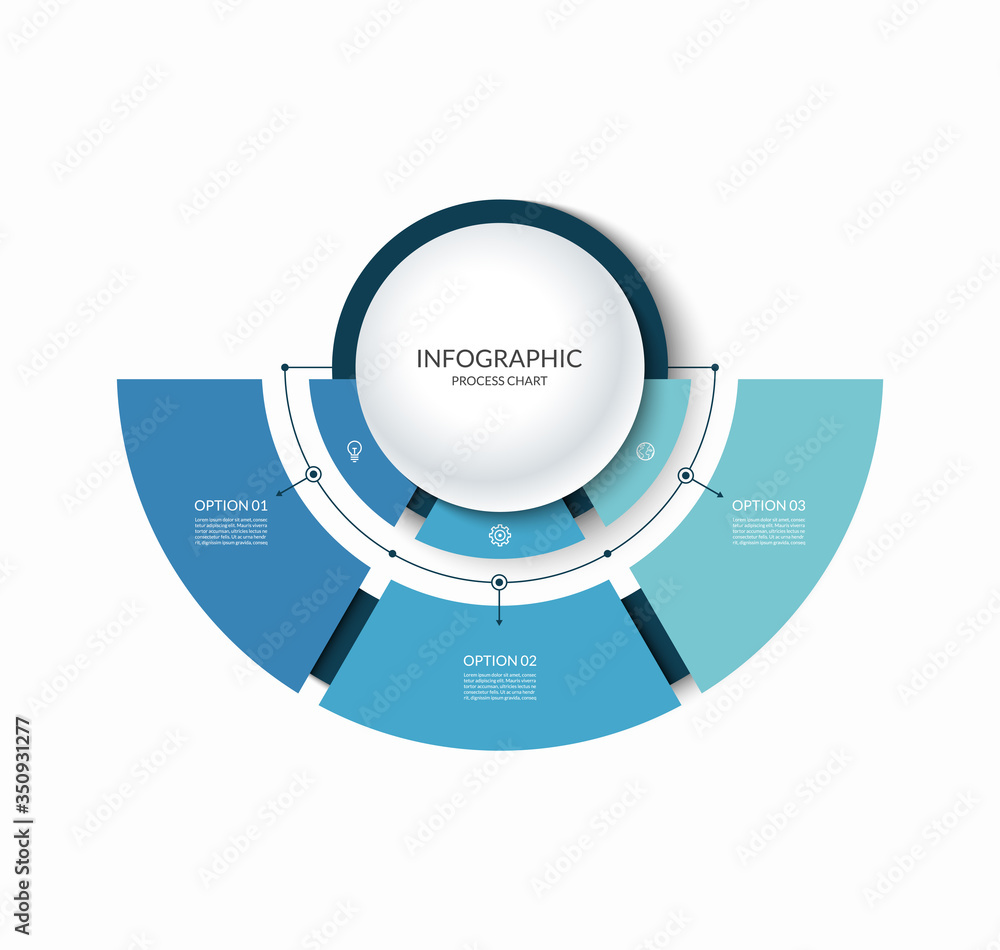 Infographic semi circular chart divided into 3 parts. Step-by step diagram with three options ...