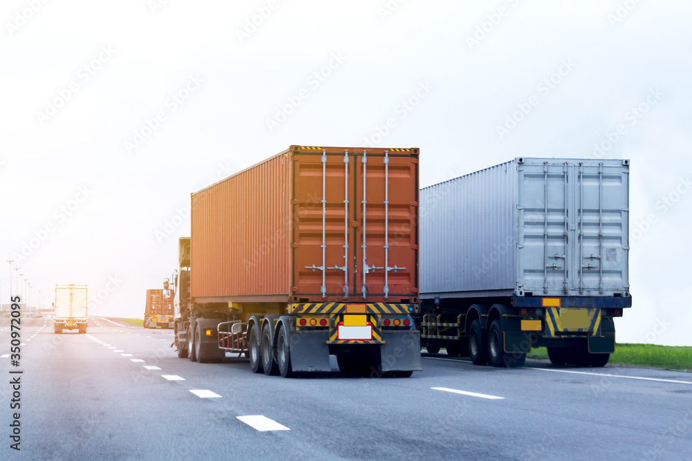 Truck on highway road with red container, transportation concept ...