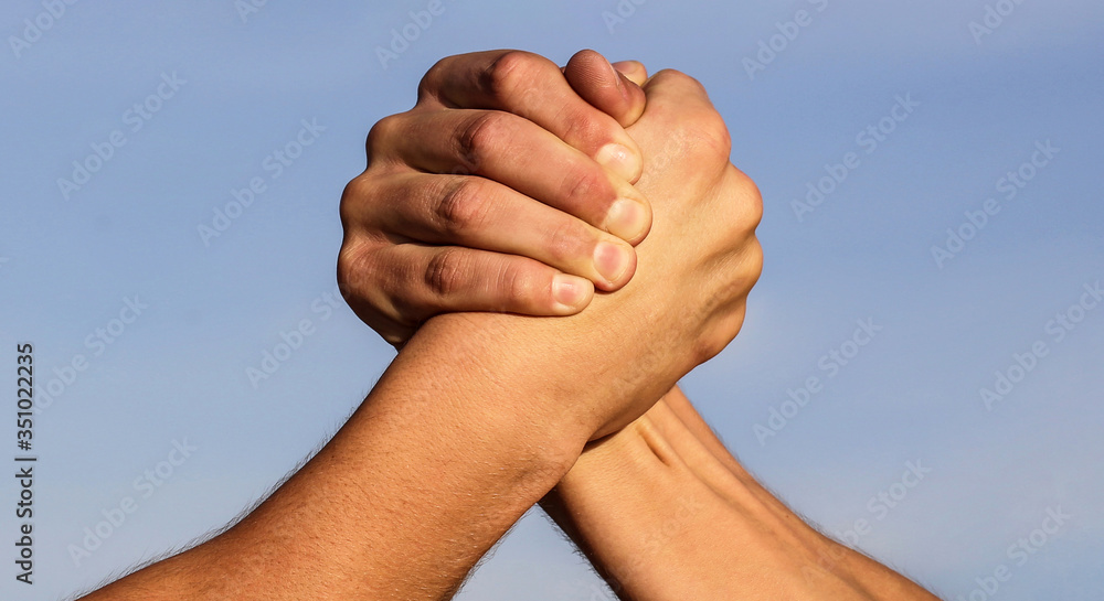 Hand, rivalry, vs, challenge, strength comparison. Two muscular hands ...