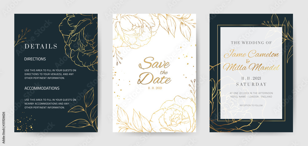Gold flower blue background wedding invitation template with golden ...