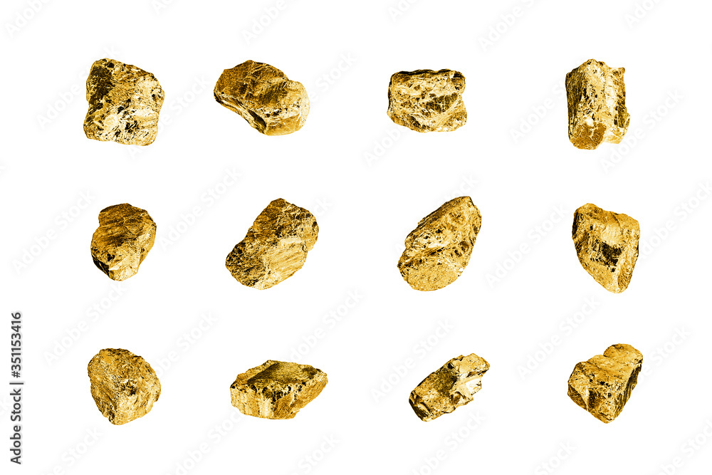 Stockfoto Golden stones set on white background isolated close up, gold ...