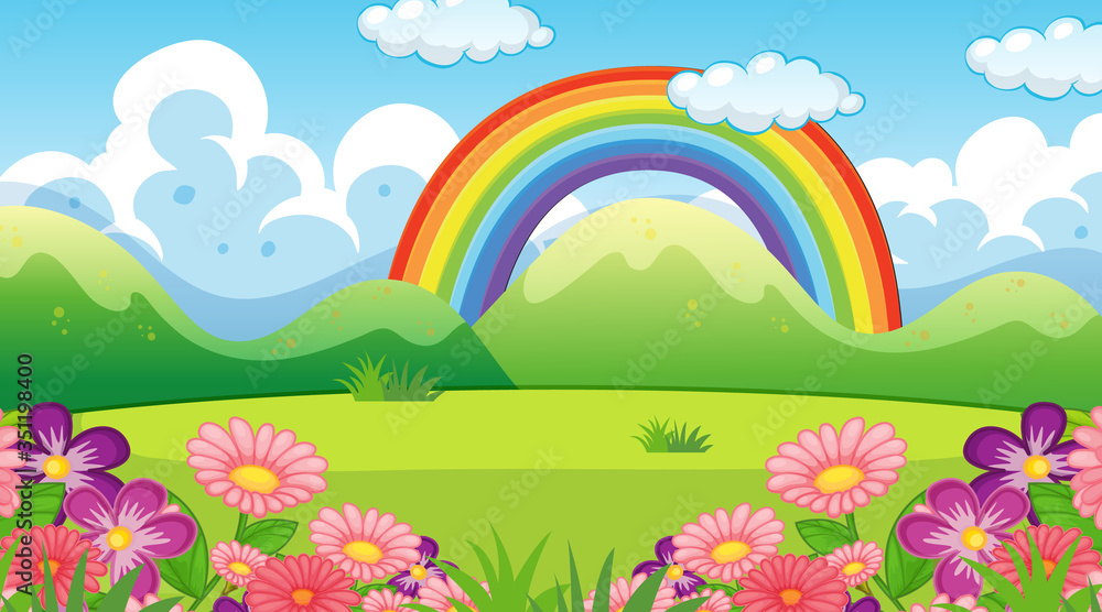 Nature scene background with rainbow and flowers in garden Stock Vector ...