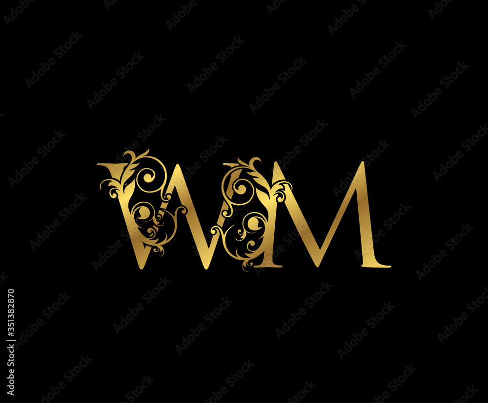 Classy Gold letter W, M and WM Vintage decorative ornament emblem badge, wedding logo, classy ...