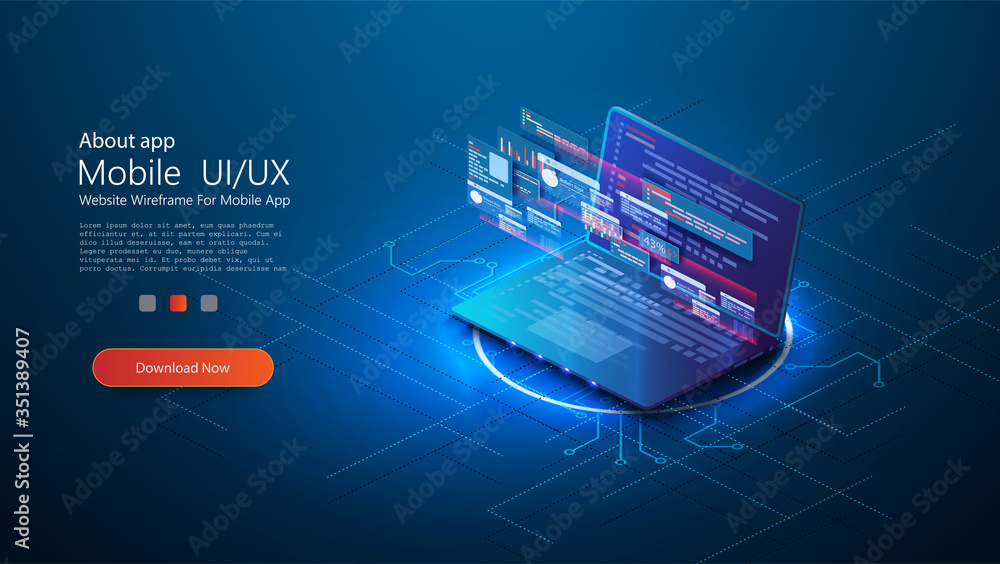 Coding and programming app in laptop for web developer concept based isometric design ...