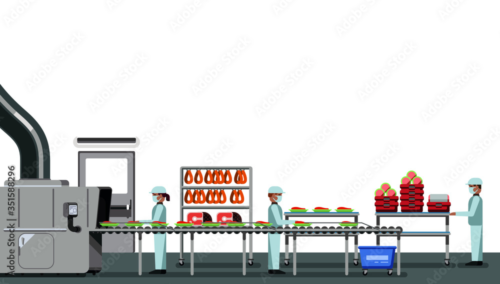 Meat factory with workers on white background, industrial equipment ...