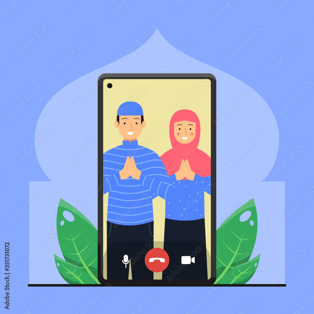 Islamic couple greeting video call of happy eid mubarak. flat illustration concept. people ...