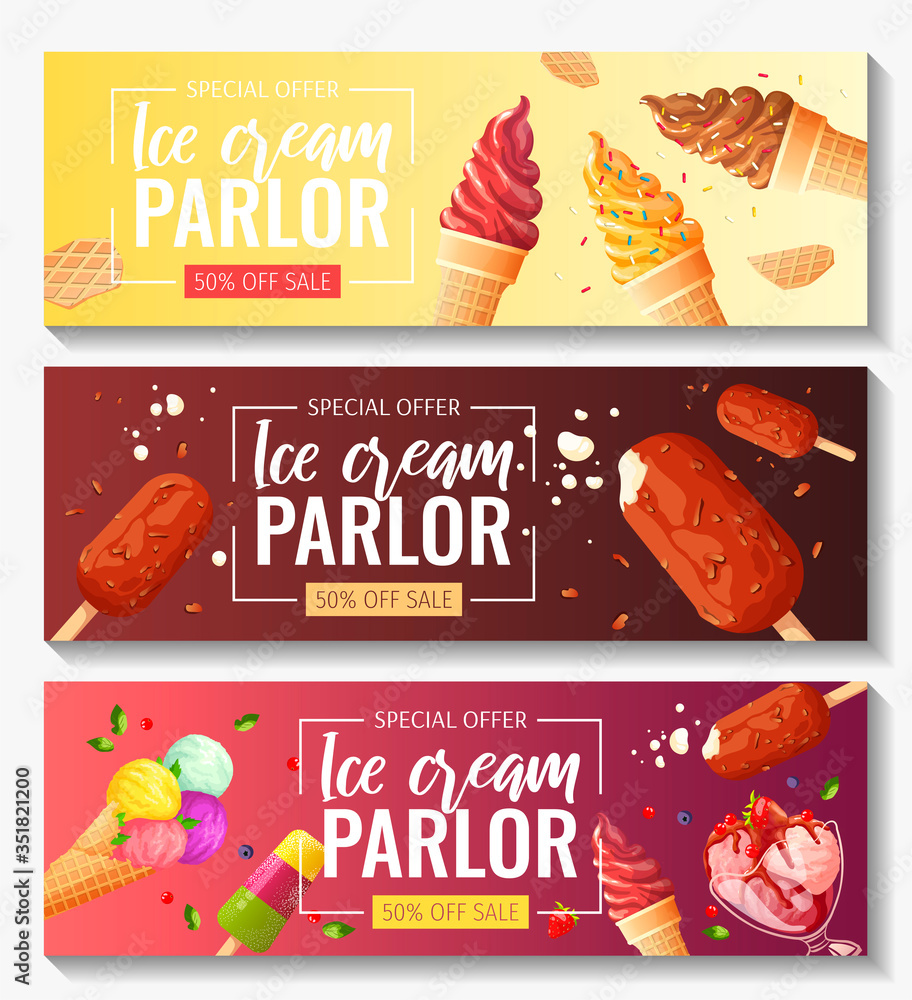 Set of banners with various ice cream. Ice cream parlor or shop, Sweet ...