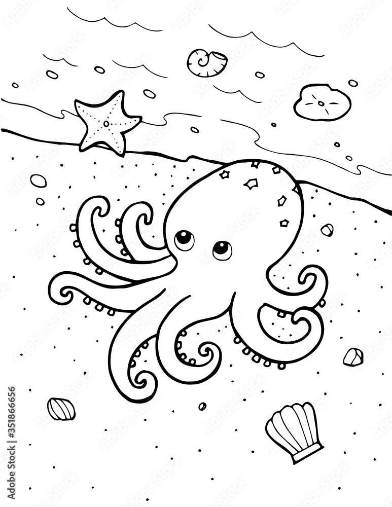 Octopus on the Beach Coloring Page for Kids Stock Illustration | Adobe ...