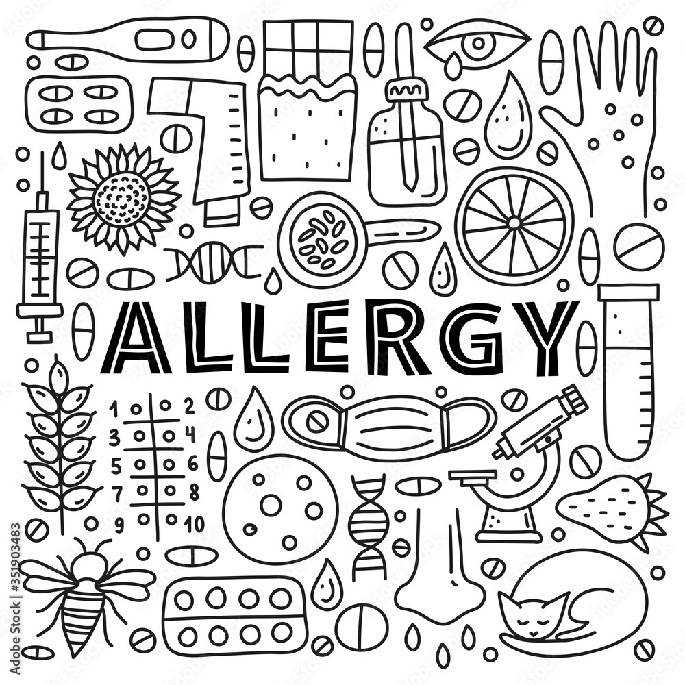 Poster with lettering and doodle outline allergy icons including skin ...