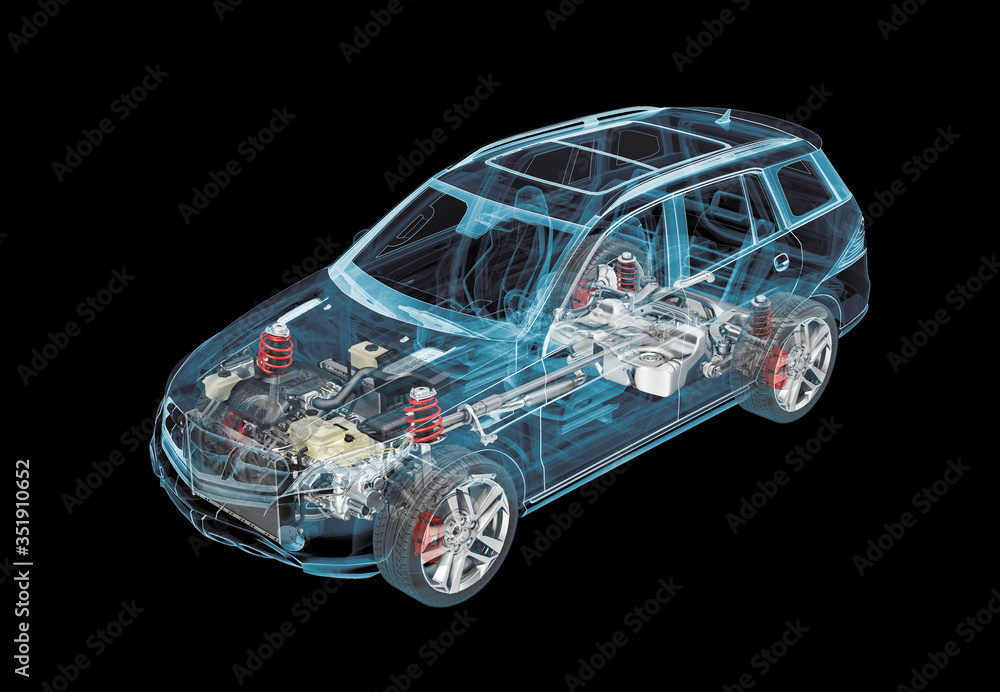 Technical 3d illustration of SUV car with x-ray effect and powertrain ...