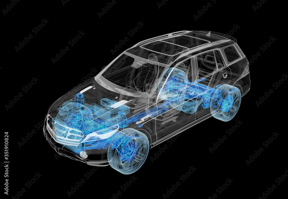 Technical 3d illustration of SUV car with x-ray effect and powertrain ...