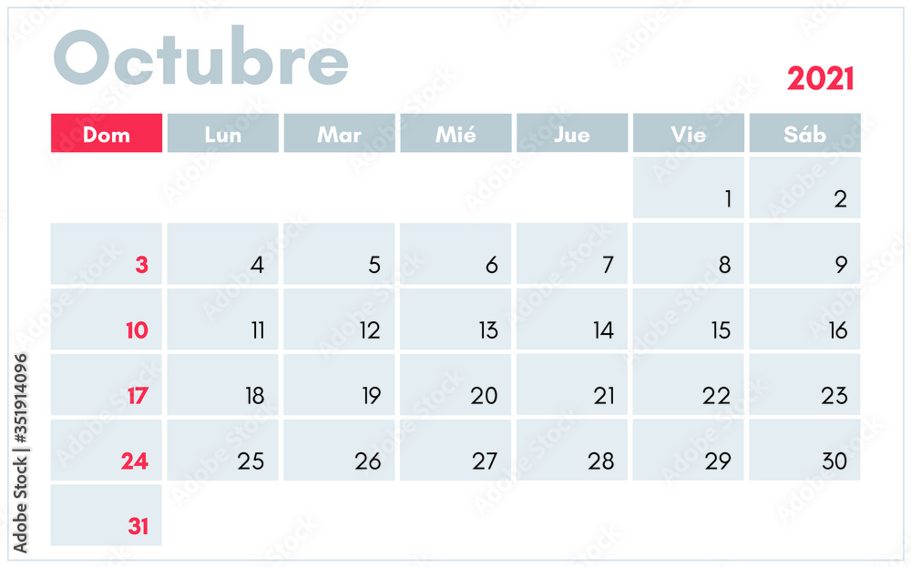 Vector de Stock Octubre 2021. Calendario en espanol (October 2021 ...