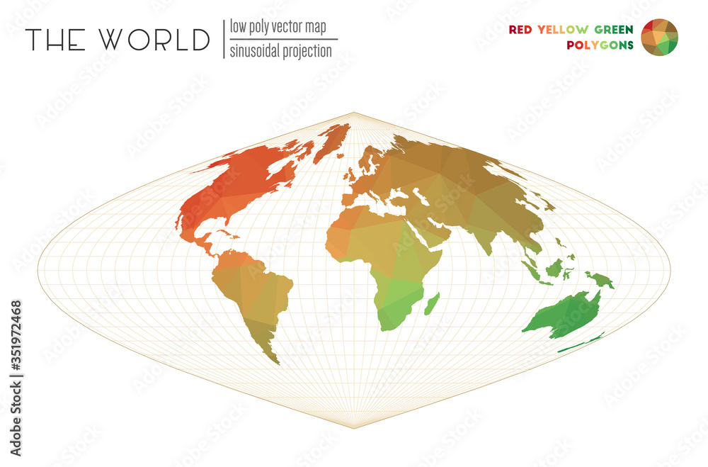 Vector de Stock World map with vibrant triangles. Sinusoidal projection ...