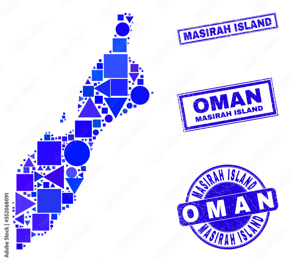 Vector mosaic Masirah Island map. Geographic collage in blue color ...