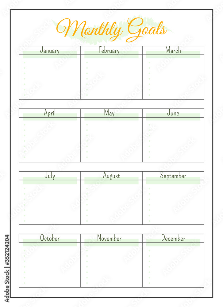 Stock-Vektorgrafik „Annual monthly goals minimalist planner page design ...