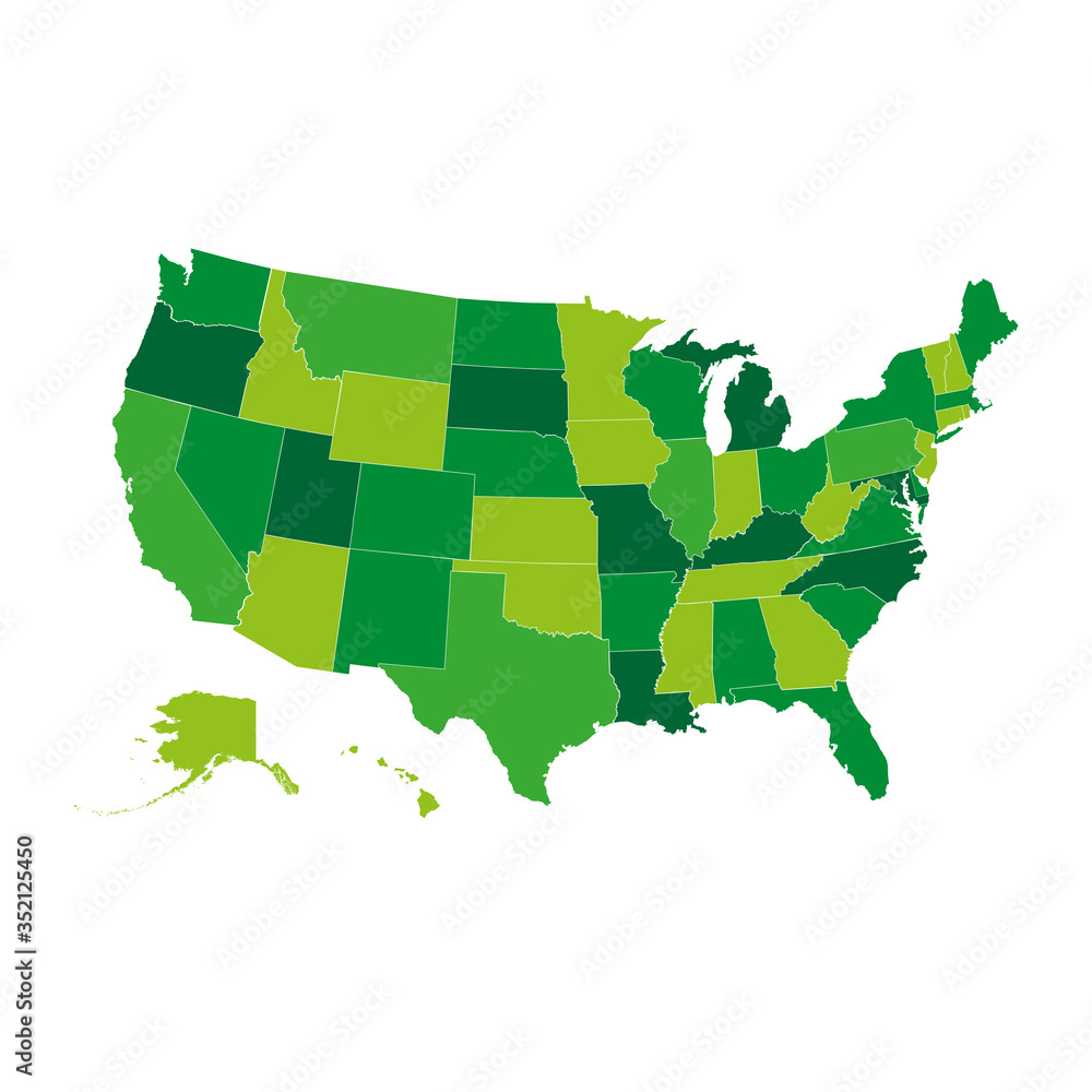 United States vector map, USA map in green color palette, all states ...