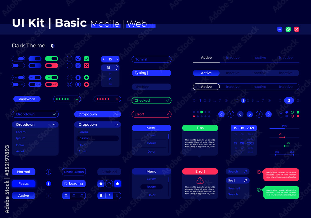 Basic UI elements kit. Dropdown menu. Personal account settings ...