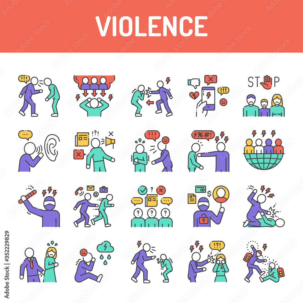 Violence color line icons set. Harassment, social abuse and bullying ...