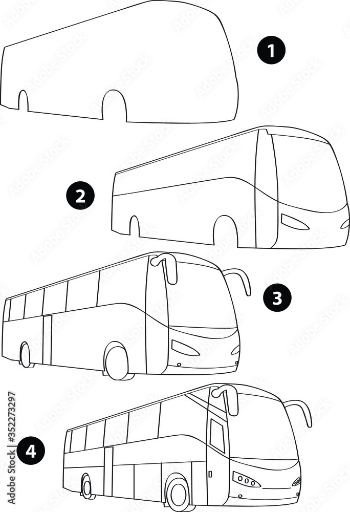 Step by step drawing learning techniques, transportation tools set ...