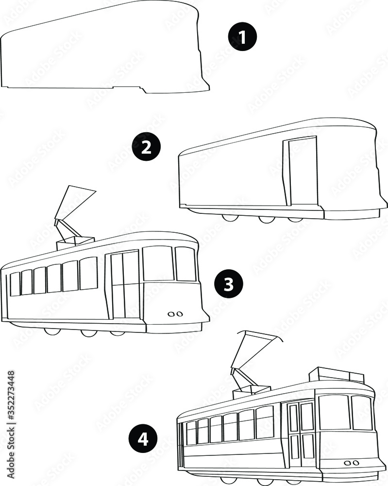 Step by step drawing learning techniques, transportation tools set ...