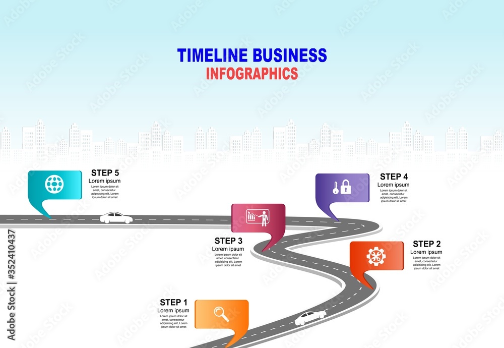 Vector template infographic Timeline of business operations with flags ...