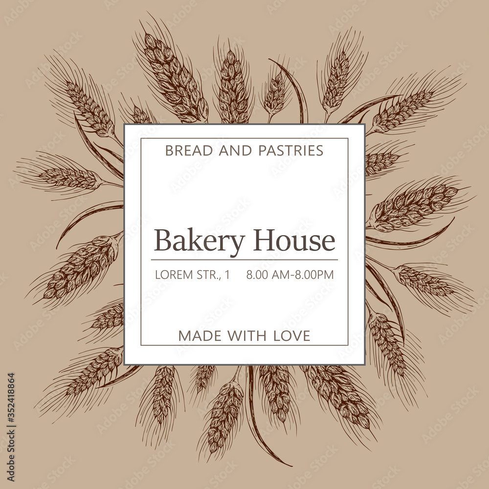 Bakery, pastry shop label, logo, flyer template with wheat ears frame ...
