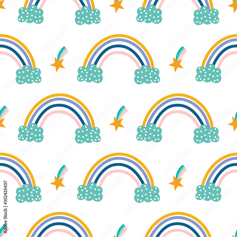 Cute rainbow, clouds, rain, stars and moon hand drawn seamless vector ...