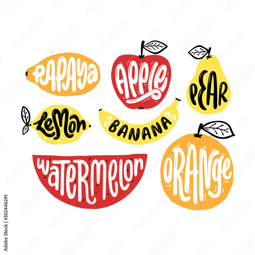 Fruit set with lettering. Isolated objects on white background. Fruit ...