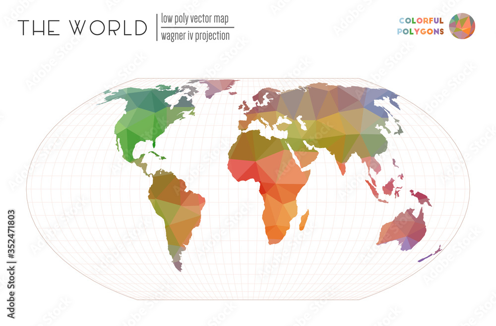 World Map In Polygonal Style Wagner Iv Projection Of The World Colorful Colored Polygons