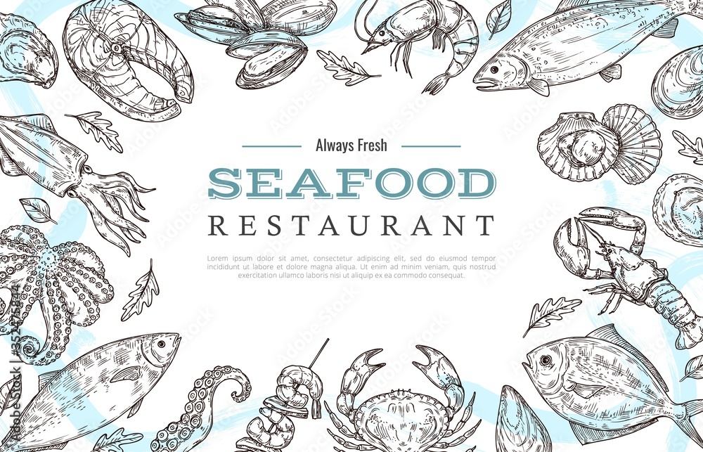 Sketch seafood banner. Drawing fish crab lobster salmon. Restaurant ...