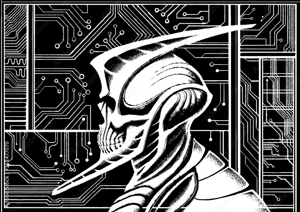 Space paratrooper, cyborg, alien, droid, humanoid with bare skull in a ...