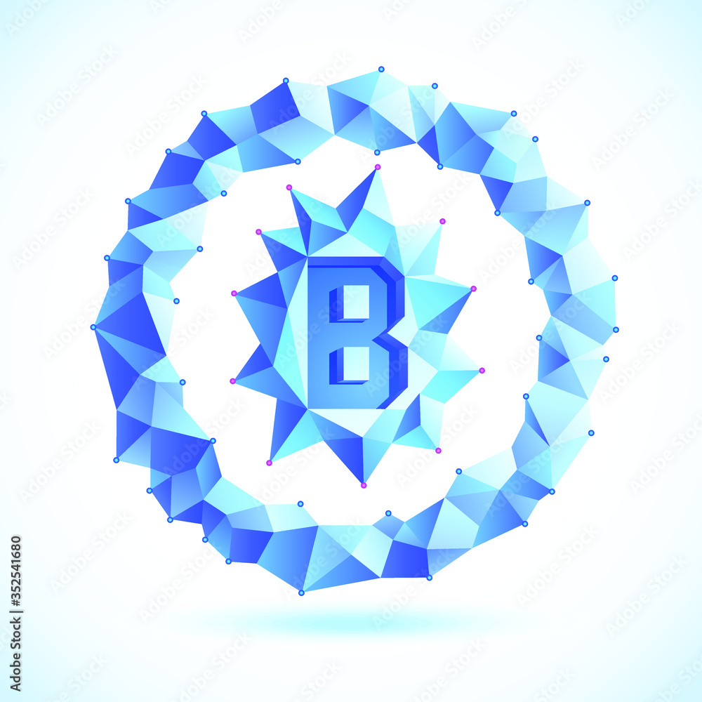 Polygonal letter symbol in the distort shape circle. Blue color gamma and sharp corner edges ...