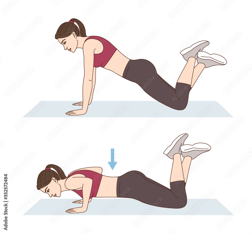 A woman is doing sports exercises. Knee push-ups. Workout for arms and ...