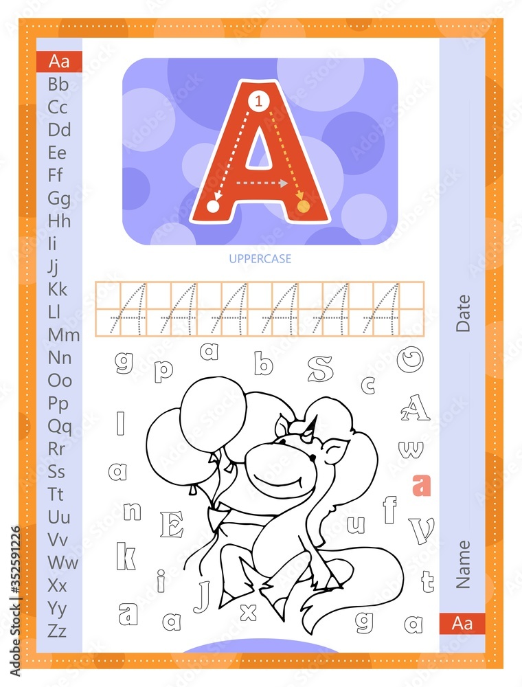 Стоковий вектор Letter A and funny cartoon hand drawn unicorn. Alphabet ...