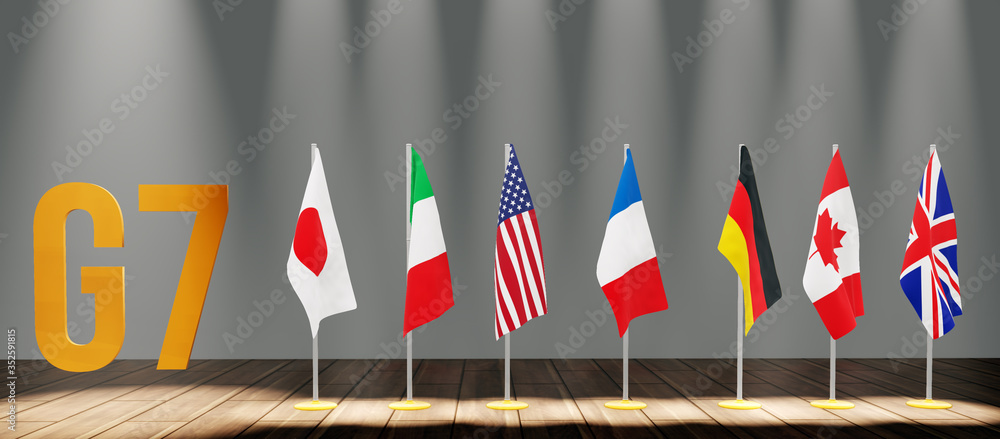 Ilustracja bez tantiem: G7 summit or meeting concept. Row from flags of ...