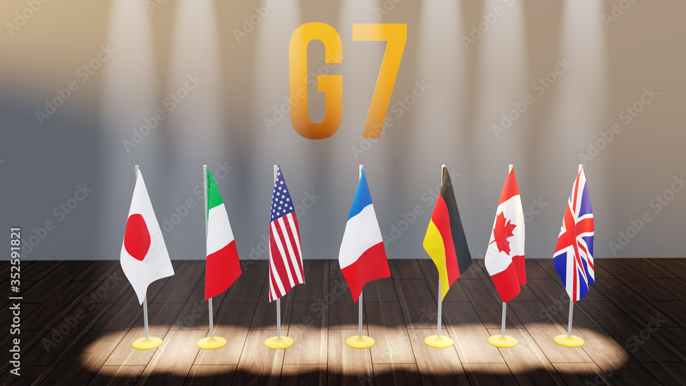 G7 summit or meeting concept. Row from flags of members of G7 group of ...